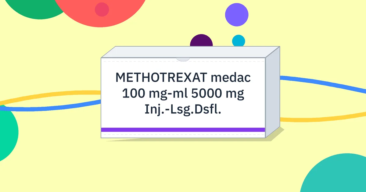 Symbolbild: Packung mit der Aufschrift METHOTREXAT medac 100 mg-ml 5000 mg Inj.-Lsg.Dsfl. (PZN 11180991) – Verfügbarkeit und Bezug in Apotheken in Frankfurt am Main