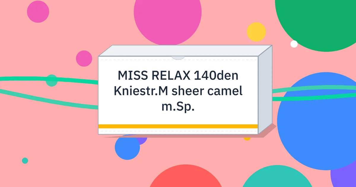 Symbolbild: Packung mit der Aufschrift MISS RELAX 140den Kniestr.M sheer camel m.Sp. (PZN 16189554) – Verfügbarkeit und Bezug in Apotheken in Frankfurt am Main