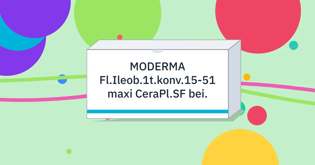 Symbolbild: Packung mit der Aufschrift MODERMA Fl.Ileob.1t.konv.15-51 maxi CeraPl.SF bei. (PZN 18109163) – Verfügbarkeit und Bezug in Apotheken in Frankfurt am Main