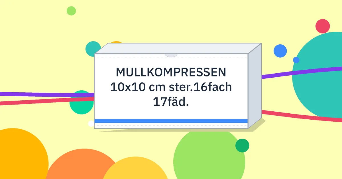 Symbolbild: Packung mit der Aufschrift MULLKOMPRESSEN 10x10 cm ster.16fach 17fäd. (PZN 06931254) – Verfügbarkeit und Bezug in Apotheken in Frankfurt am Main