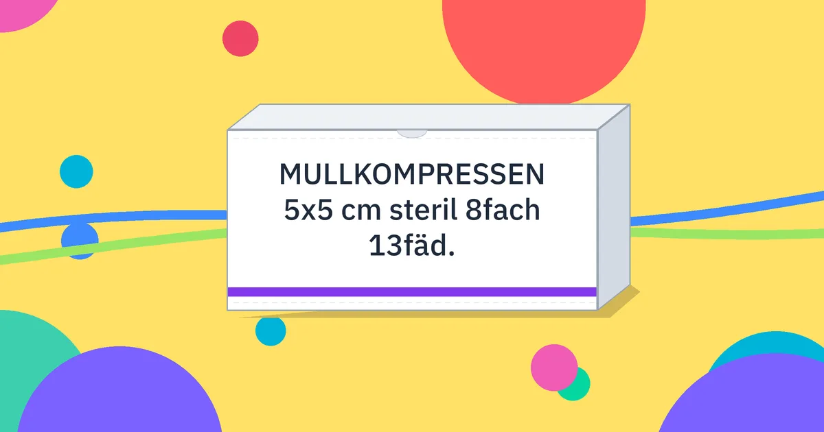 Symbolbild: Packung mit der Aufschrift MULLKOMPRESSEN 5x5 cm steril 8fach 13fäd. (PZN 06928737) – Verfügbarkeit und Bezug in Apotheken in Frankfurt am Main