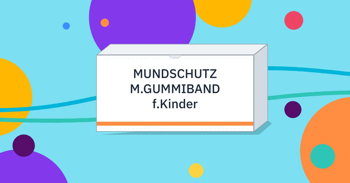 Symbolbild: Packung mit der Aufschrift MUNDSCHUTZ M.GUMMIBAND f.Kinder (PZN 07576217) – Verfügbarkeit und Bezug in Apotheken in Frankfurt am Main