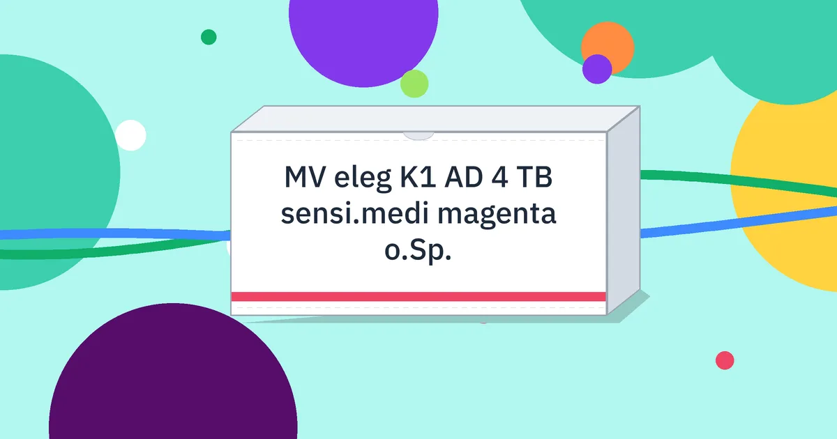 Symbolbild: Packung mit der Aufschrift MV eleg K1 AD 4 TB sensi.medi magenta o.Sp. (PZN 14617684) – Verfügbarkeit und Bezug in Apotheken in Frankfurt am Main