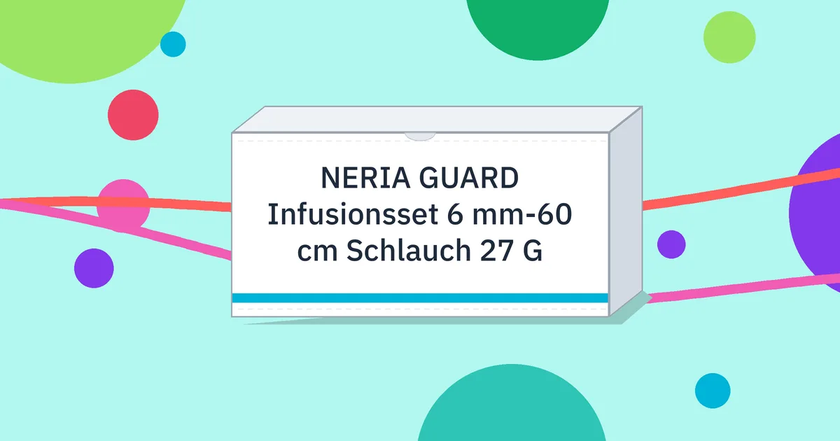 Symbolbild: Packung mit der Aufschrift NERIA GUARD Infusionsset 6 mm-60 cm Schlauch 27 G (PZN 19365081) – Verfügbarkeit und Bezug in Apotheken in Frankfurt am Main
