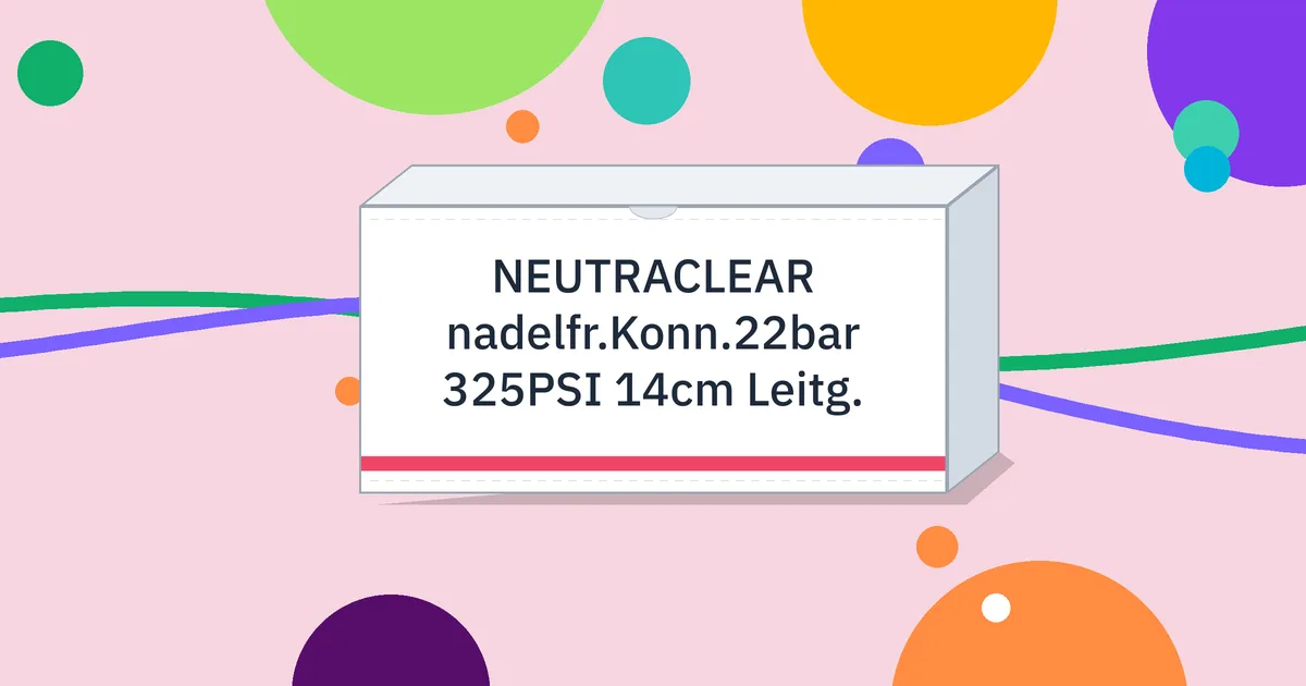 Symbolbild: Packung mit der Aufschrift NEUTRACLEAR nadelfr.Konn.22bar 325PSI 14cm Leitg. (PZN 18469341) – Verfügbarkeit und Bezug in Apotheken in Frankfurt am Main