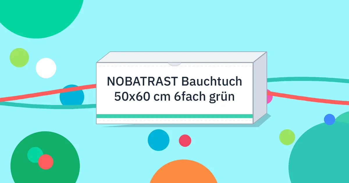 Symbolbild: Packung mit der Aufschrift NOBATRAST Bauchtuch 50x60 cm 6fach grün (PZN 08406492) – Verfügbarkeit und Bezug in Apotheken in Frankfurt am Main