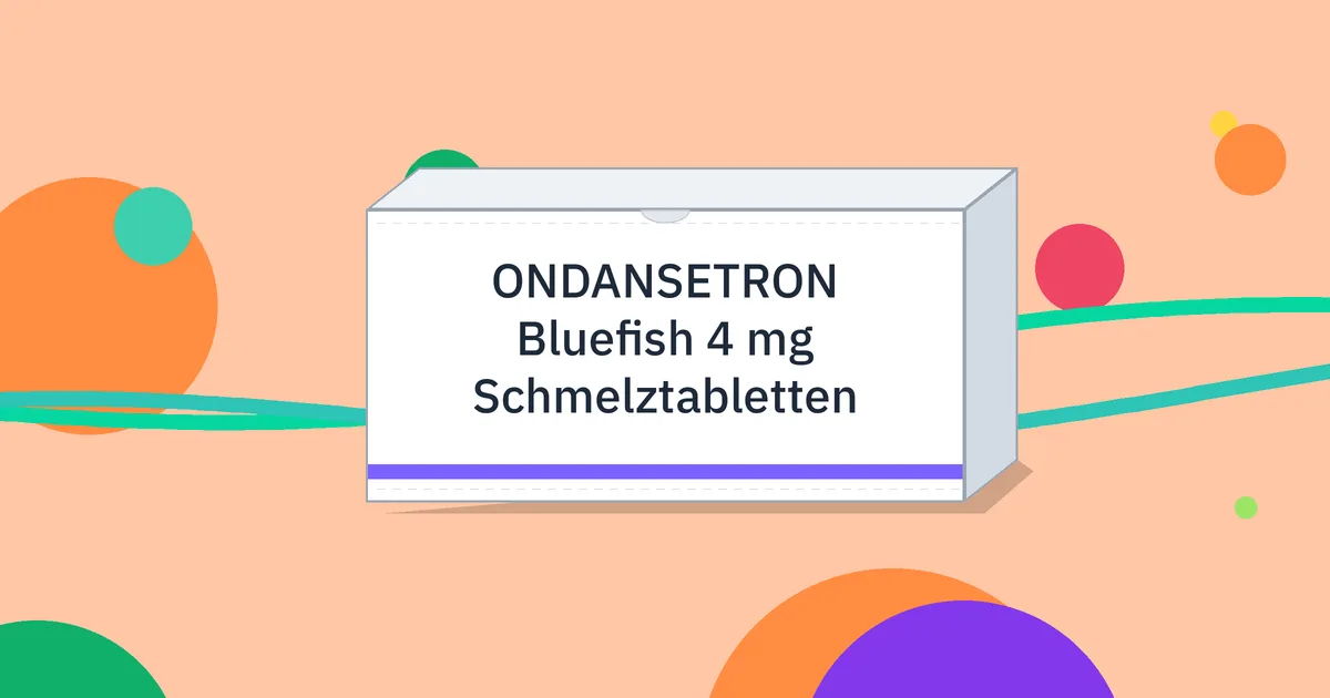 Symbolbild: Packung mit der Aufschrift ONDANSETRON Bluefish 4 mg Schmelztabletten (PZN 04704413) – Verfügbarkeit und Bezug in Apotheken in Frankfurt am Main