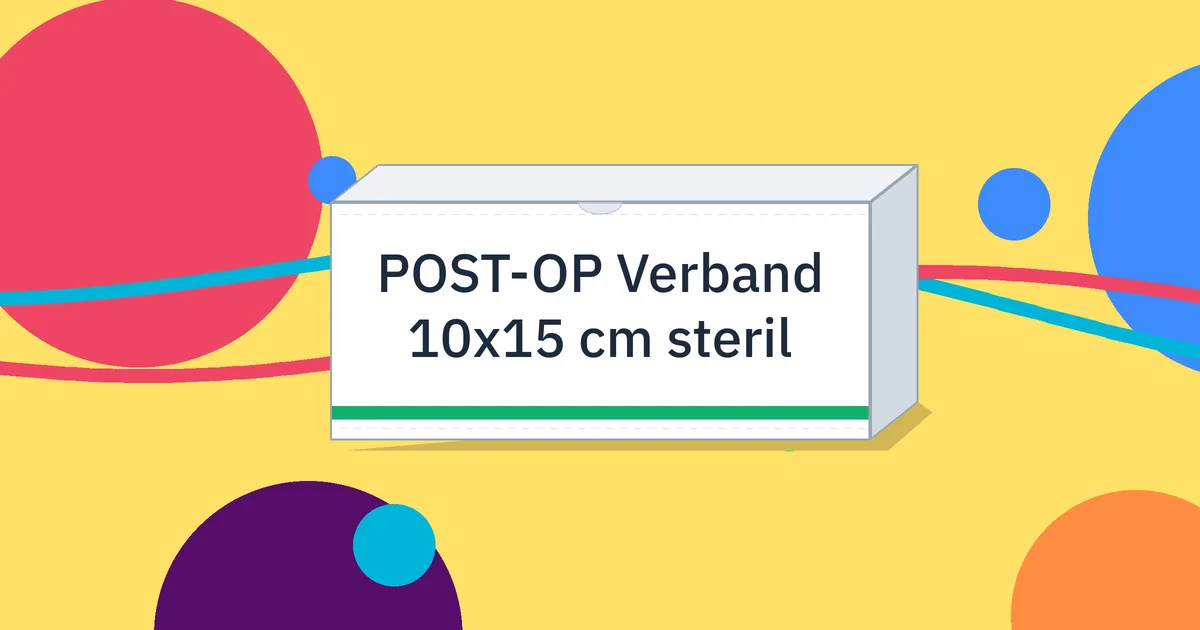 Symbolbild: Packung mit der Aufschrift POST-OP Verband 10x15 cm steril (PZN 17562297) – Verfügbarkeit und Bezug in Apotheken in Frankfurt am Main
