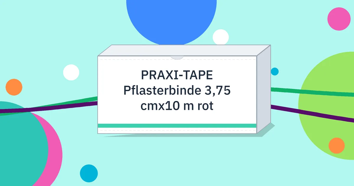 Symbolbild: Packung mit der Aufschrift PRAXI-TAPE Pflasterbinde 3,75 cmx10 m rot (PZN 12827928) – Verfügbarkeit und Bezug in Apotheken in Frankfurt am Main