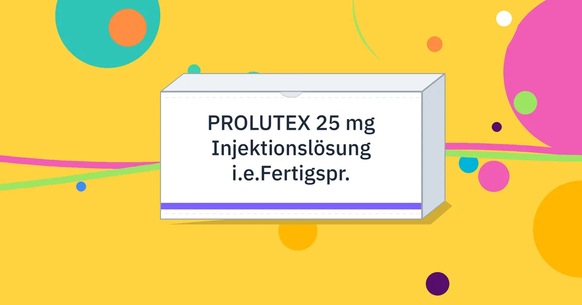 Symbolbild: Packung mit der Aufschrift PROLUTEX 25 mg Injektionslösung i.e.Fertigspr. (PZN 19883798) – Verfügbarkeit und Bezug in Apotheken in Frankfurt am Main