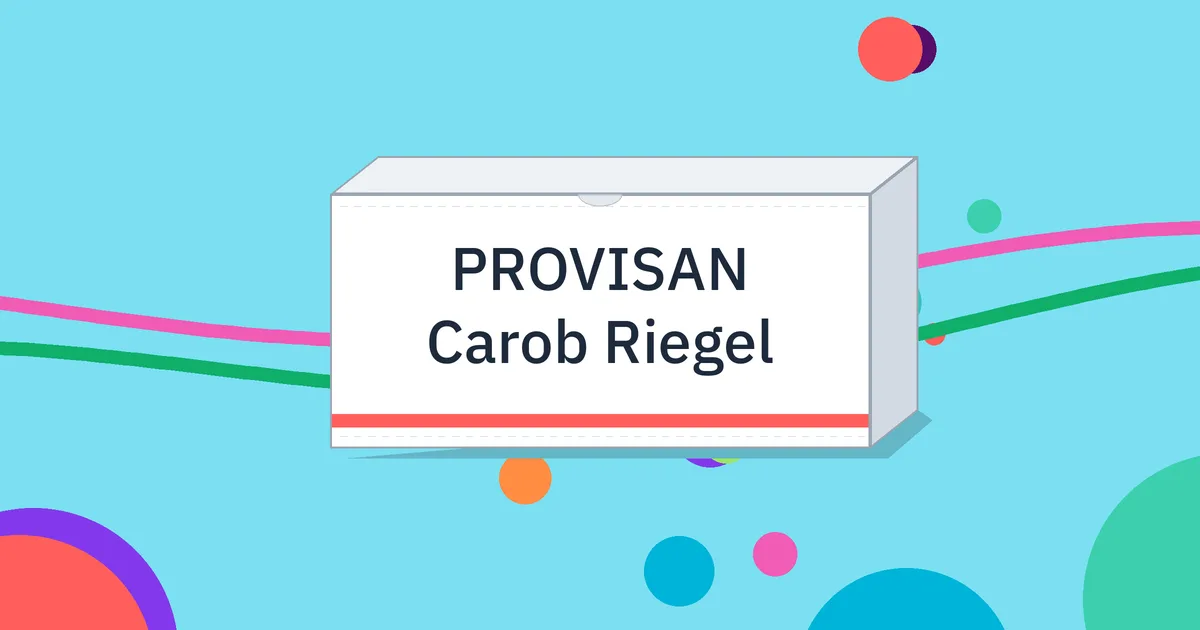 Symbolbild: Packung mit der Aufschrift PROVISAN Carob Riegel (PZN 05460462) – Verfügbarkeit und Bezug in Apotheken in Frankfurt am Main