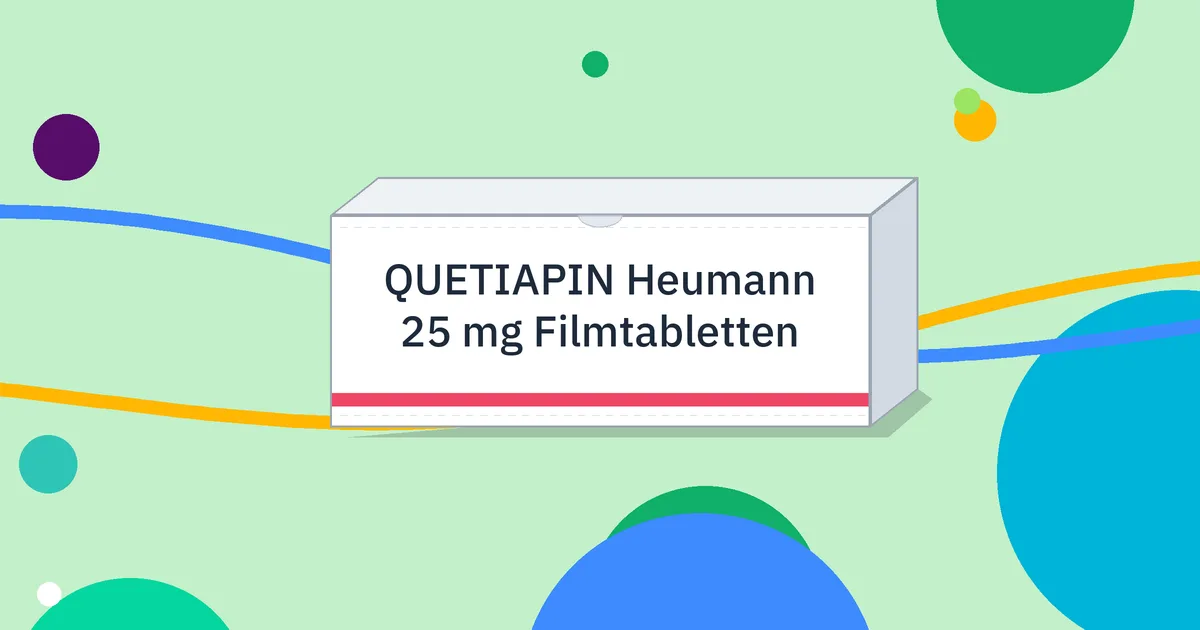 Symbolbild: Packung mit der Aufschrift QUETIAPIN Heumann 25 mg Filmtabletten (PZN 08850666) – Verfügbarkeit und Bezug in Apotheken in Frankfurt am Main