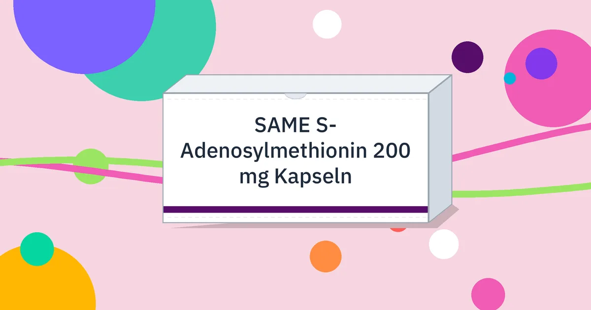 Symbolbild: Packung mit der Aufschrift SAME S-Adenosylmethionin 200 mg Kapseln (PZN 11109473) – Verfügbarkeit und Bezug in Apotheken in Frankfurt am Main