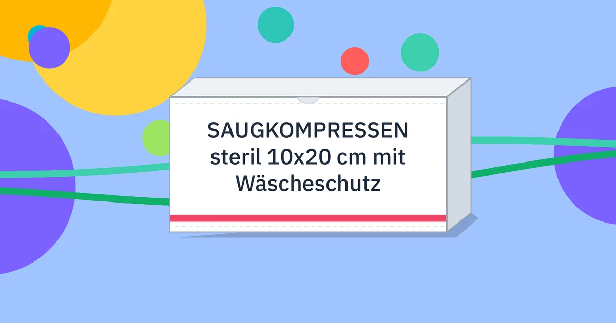 Symbolbild: Packung mit der Aufschrift SAUGKOMPRESSEN steril 10x20 cm mit Wäscheschutz (PZN 15866538) – Verfügbarkeit und Bezug in Apotheken in Frankfurt am Main