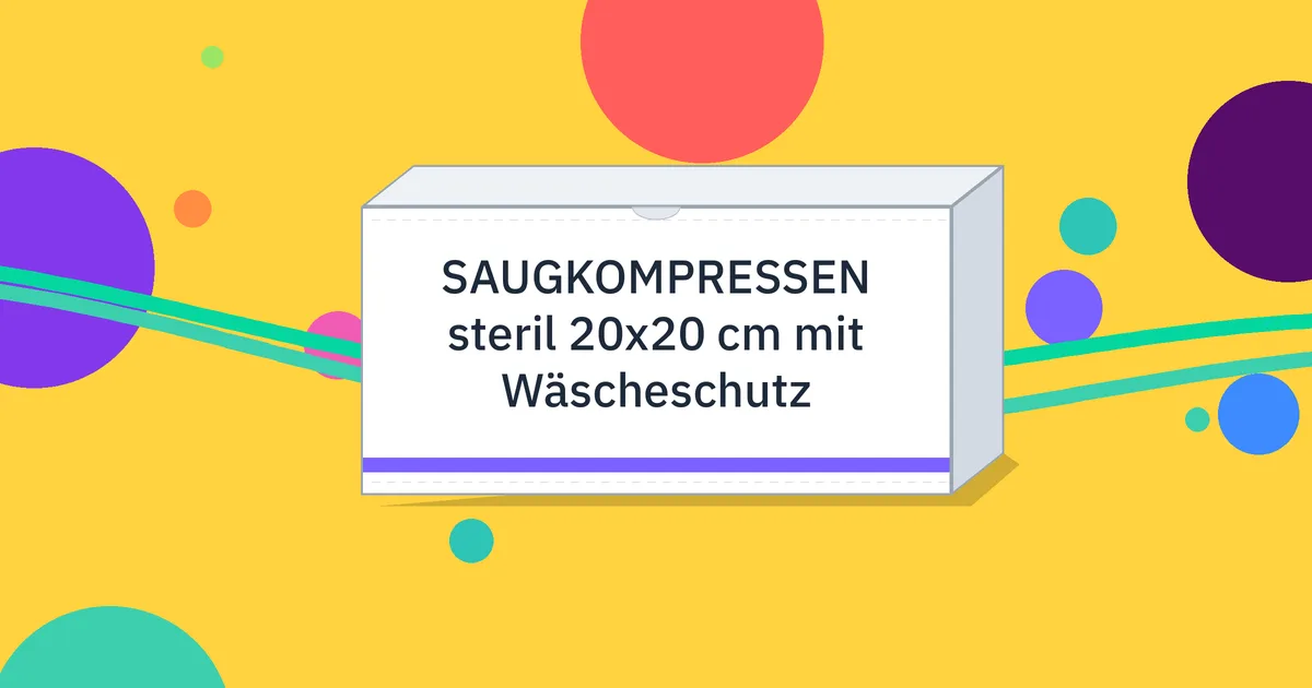 Symbolbild: Packung mit der Aufschrift SAUGKOMPRESSEN steril 20x20 cm mit Wäscheschutz (PZN 15866550) – Verfügbarkeit und Bezug in Apotheken in Frankfurt am Main