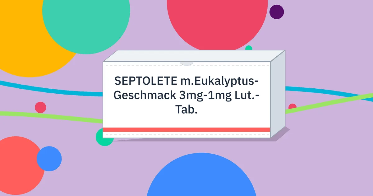 Symbolbild: Packung mit der Aufschrift SEPTOLETE m.Eukalyptus-Geschmack 3mg-1mg Lut.-Tab. (PZN 16885236) – Verfügbarkeit und Bezug in Apotheken in Frankfurt am Main