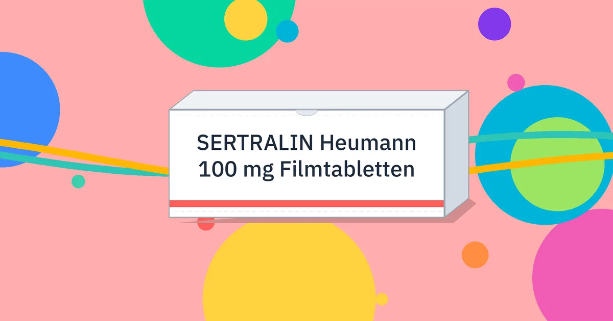 Symbolbild: Packung mit der Aufschrift SERTRALIN Heumann 100 mg Filmtabletten (PZN 03887676) – Verfügbarkeit und Bezug in Apotheken in Frankfurt am Main