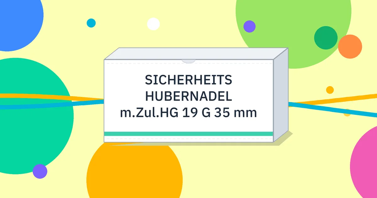 Symbolbild: Packung mit der Aufschrift SICHERHEITS HUBERNADEL m.Zul.HG 19 G 35 mm (PZN 14321883) – Verfügbarkeit und Bezug in Apotheken in Frankfurt am Main