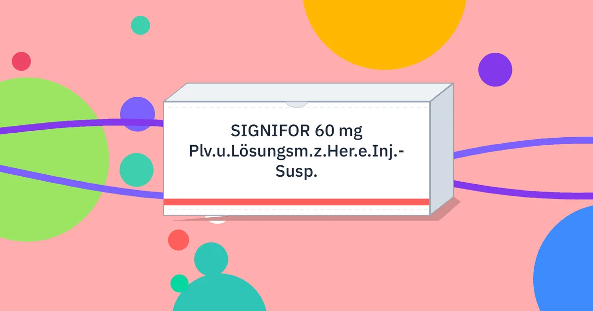 Symbolbild: Packung mit der Aufschrift SIGNIFOR 60 mg Plv.u.Lösungsm.z.Her.e.Inj.-Susp. (PZN 19972295) – Verfügbarkeit und Bezug in Apotheken in Frankfurt am Main