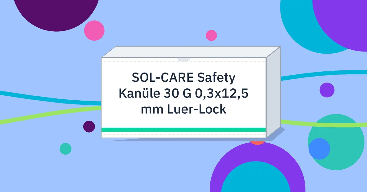 Symbolbild: Packung mit der Aufschrift SOL-CARE Safety Kanüle 30 G 0,3x12,5 mm Luer-Lock (PZN 19925025) – Verfügbarkeit und Bezug in Apotheken in Frankfurt am Main