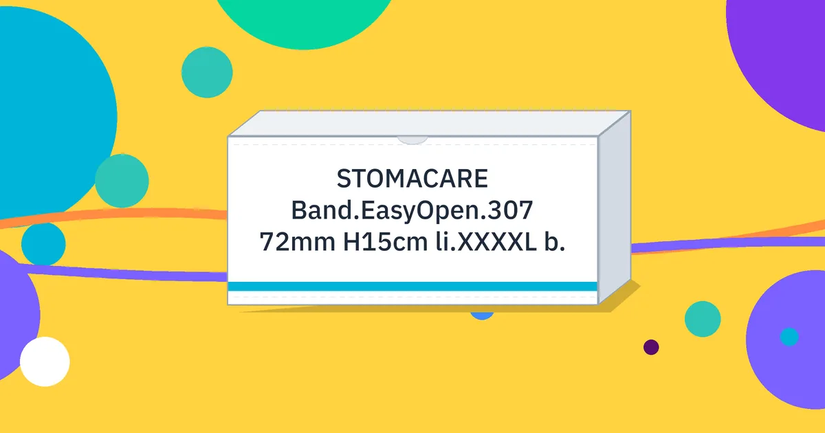 Symbolbild: Packung mit der Aufschrift STOMACARE Band.EasyOpen.307 72mm H15cm li.XXXXL b. (PZN 07665895) – Verfügbarkeit und Bezug in Apotheken in Frankfurt am Main