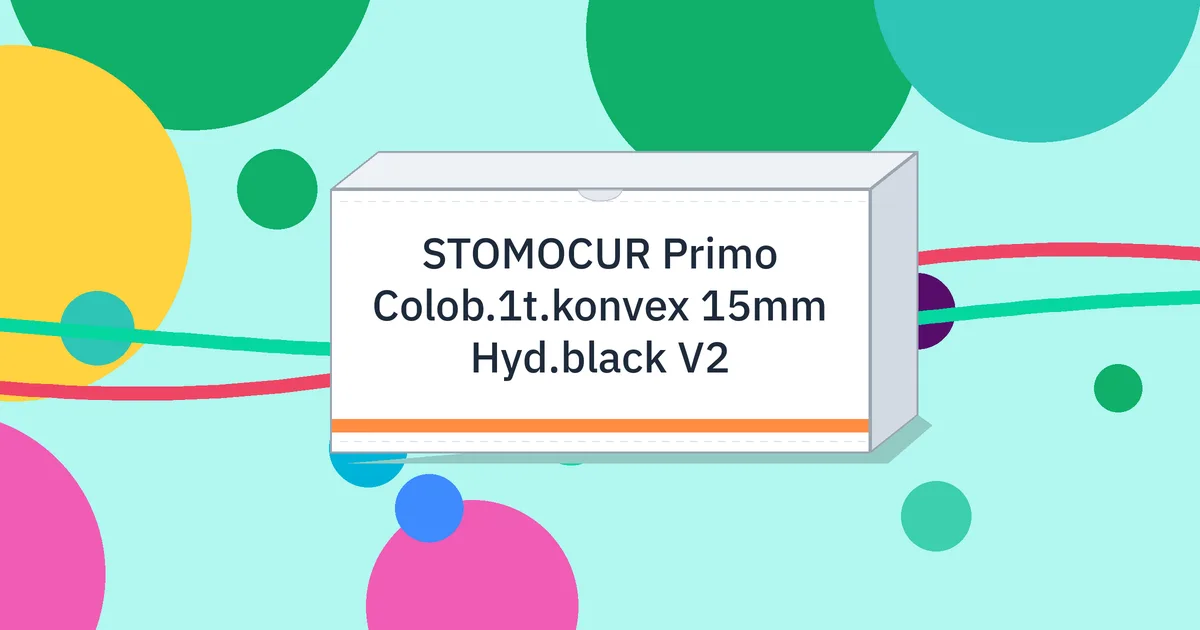 Symbolbild: Packung mit der Aufschrift STOMOCUR Primo Colob.1t.konvex 15mm Hyd.black V2 (PZN 19536631) – Verfügbarkeit und Bezug in Apotheken in Frankfurt am Main