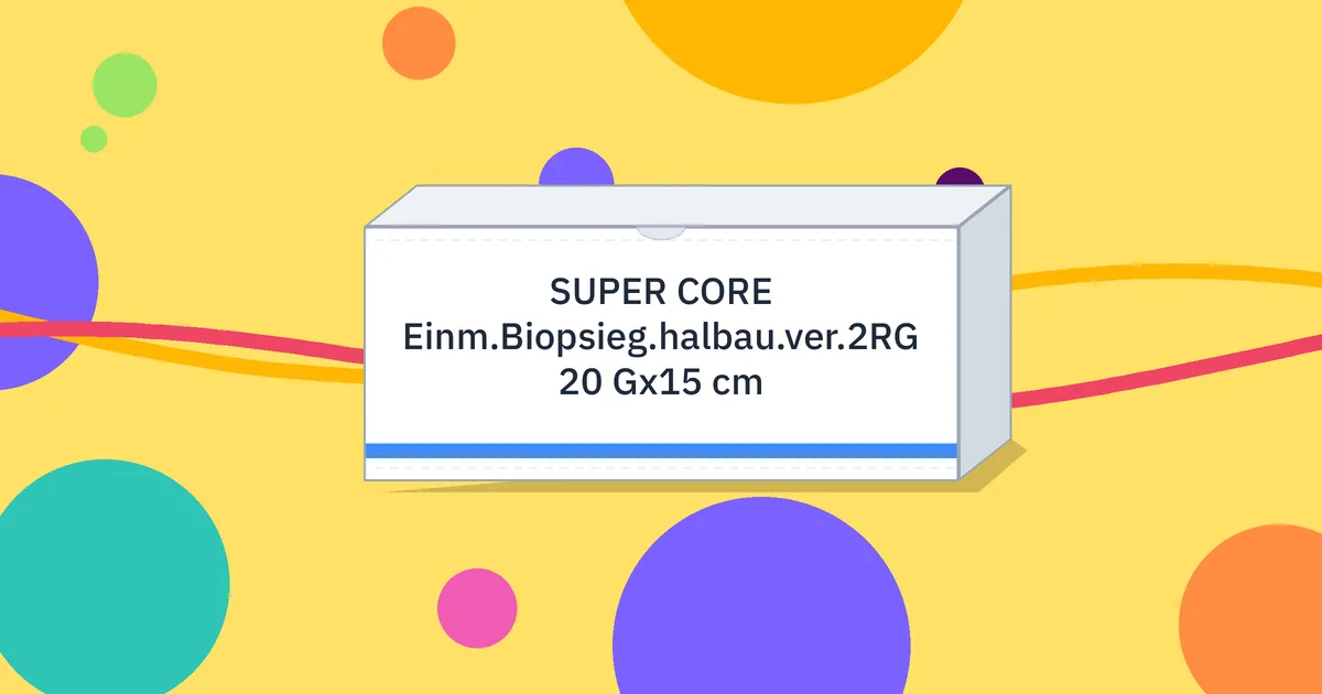 Symbolbild: Packung mit der Aufschrift SUPER CORE Einm.Biopsieg.halbau.ver.2RG 20 Gx15 cm (PZN 07104027) – Verfügbarkeit und Bezug in Apotheken in Frankfurt am Main
