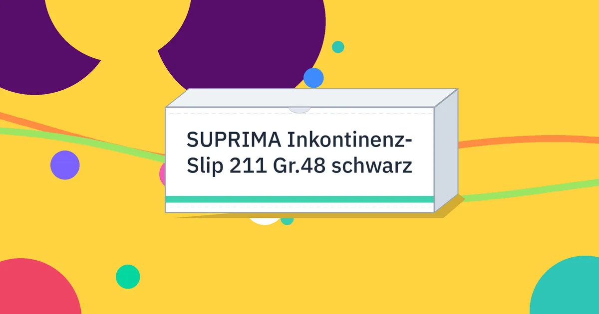 Symbolbild: Packung mit der Aufschrift SUPRIMA Inkontinenz-Slip 211 Gr.48 schwarz (PZN 00709135) – Verfügbarkeit und Bezug in Apotheken in Frankfurt am Main