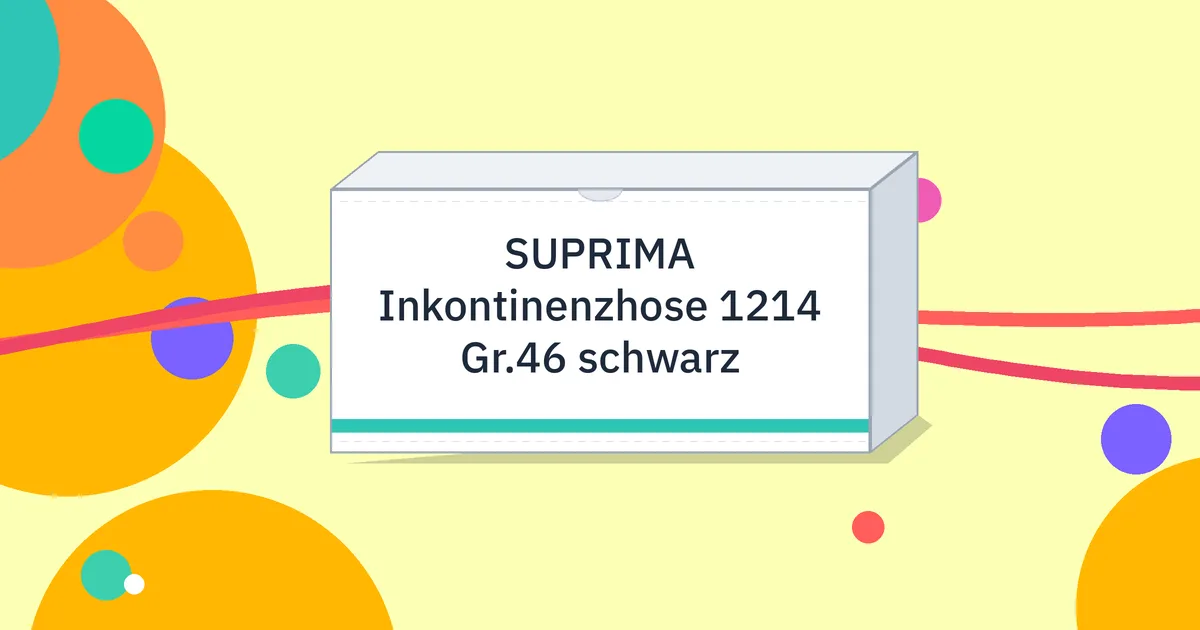 Symbolbild: Packung mit der Aufschrift SUPRIMA Inkontinenzhose 1214 Gr.46 schwarz (PZN 02852954) – Verfügbarkeit und Bezug in Apotheken in Frankfurt am Main