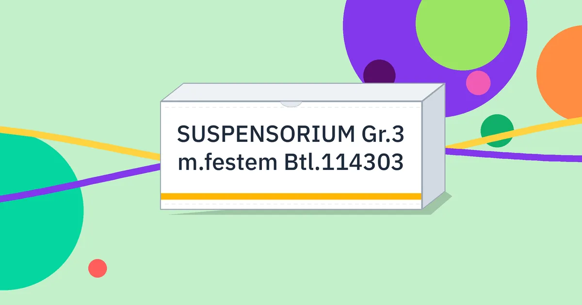 Symbolbild: Packung mit der Aufschrift SUSPENSORIUM Gr.3 m.festem Btl.114303 (PZN 04608810) – Verfügbarkeit und Bezug in Apotheken in Frankfurt am Main