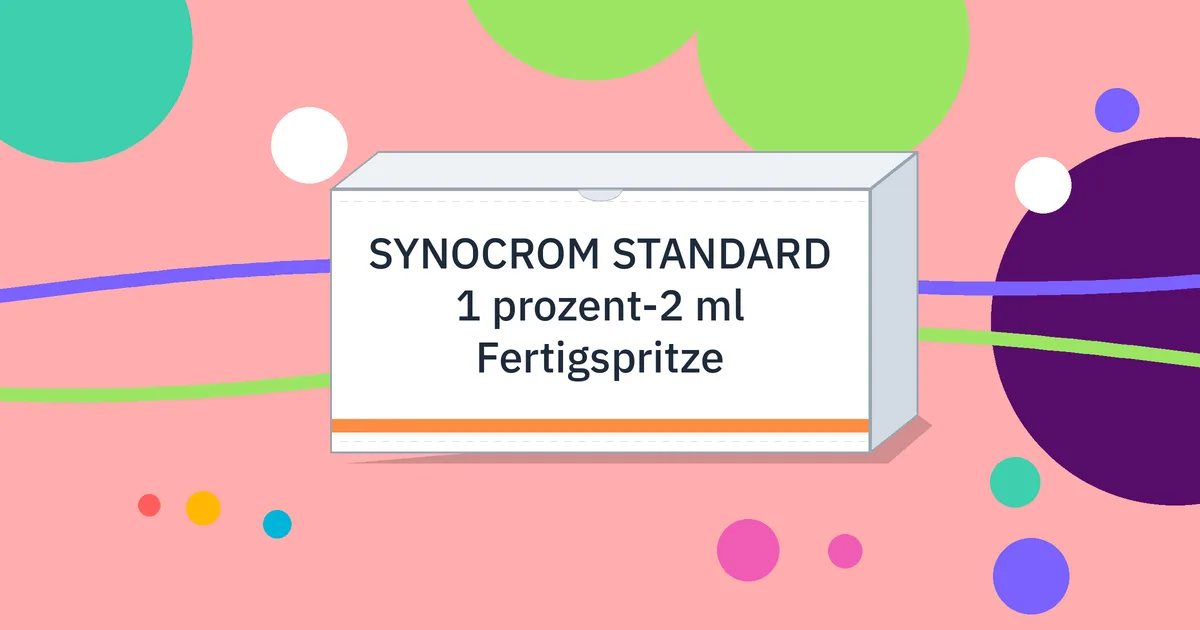 Symbolbild: Packung mit der Aufschrift SYNOCROM STANDARD 1 prozent-2 ml Fertigspritze (PZN 19683349) – Verfügbarkeit und Bezug in Apotheken in Frankfurt am Main