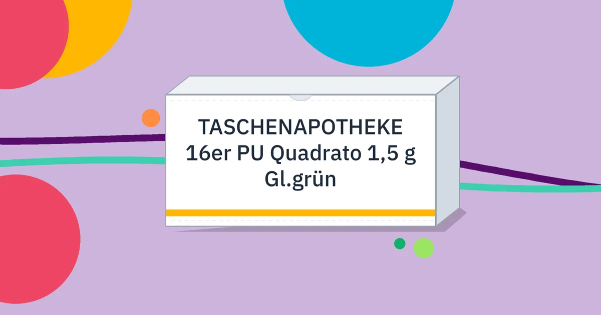 Symbolbild: Packung mit der Aufschrift TASCHENAPOTHEKE 16er PU Quadrato 1,5 g Gl.grün (PZN 00417332) – Verfügbarkeit und Bezug in Apotheken in Frankfurt am Main