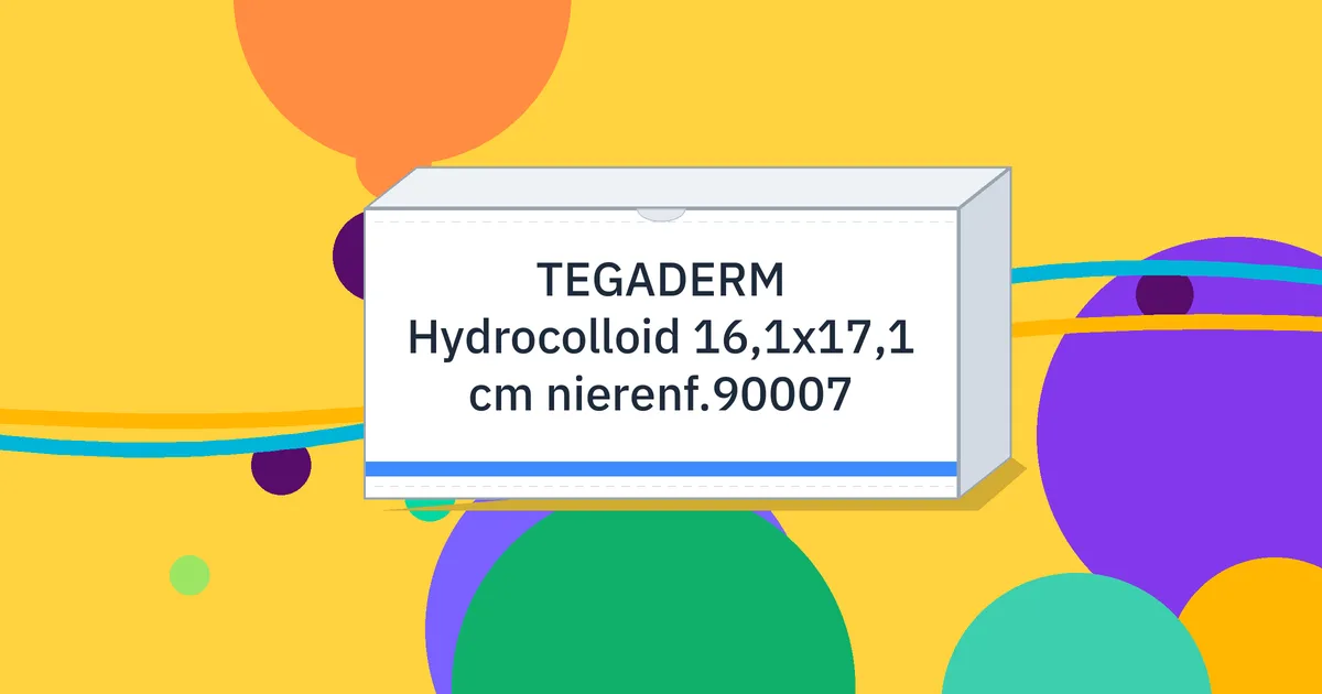 Symbolbild: Packung mit der Aufschrift TEGADERM Hydrocolloid 16,1x17,1 cm nierenf.90007 (PZN 11115203) – Verfügbarkeit und Bezug in Apotheken in Frankfurt am Main