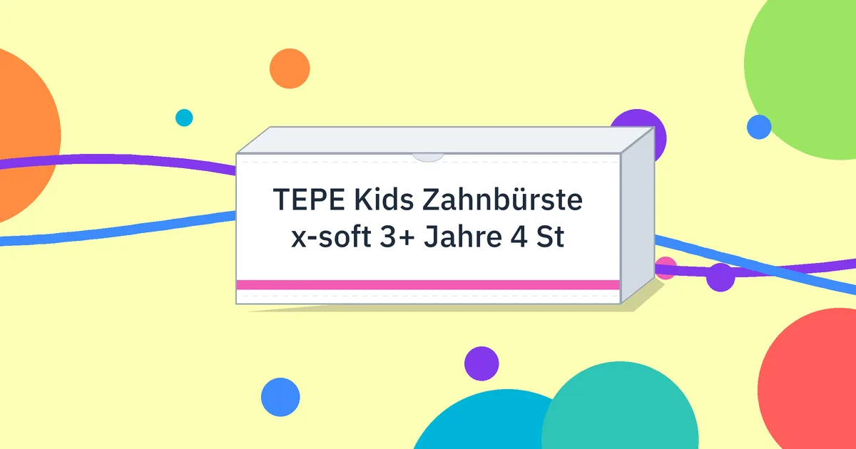 Symbolbild: Packung mit der Aufschrift TEPE Kids Zahnbürste x-soft 3+ Jahre 4 St (PZN 18228790) – Verfügbarkeit und Bezug in Apotheken in Frankfurt am Main