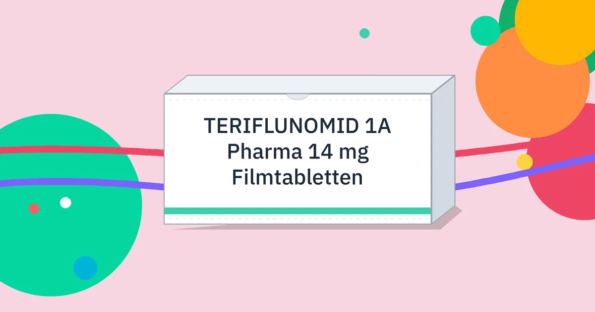Symbolbild: Packung mit der Aufschrift TERIFLUNOMID 1A Pharma 14 mg Filmtabletten (PZN 18659604) – Verfügbarkeit und Bezug in Apotheken in Frankfurt am Main