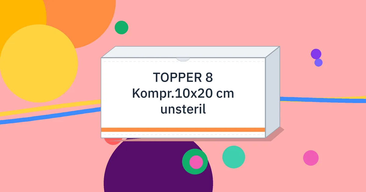 Symbolbild: Packung mit der Aufschrift TOPPER 8 Kompr.10x20 cm unsteril (PZN 03420323) – Verfügbarkeit und Bezug in Apotheken in Frankfurt am Main