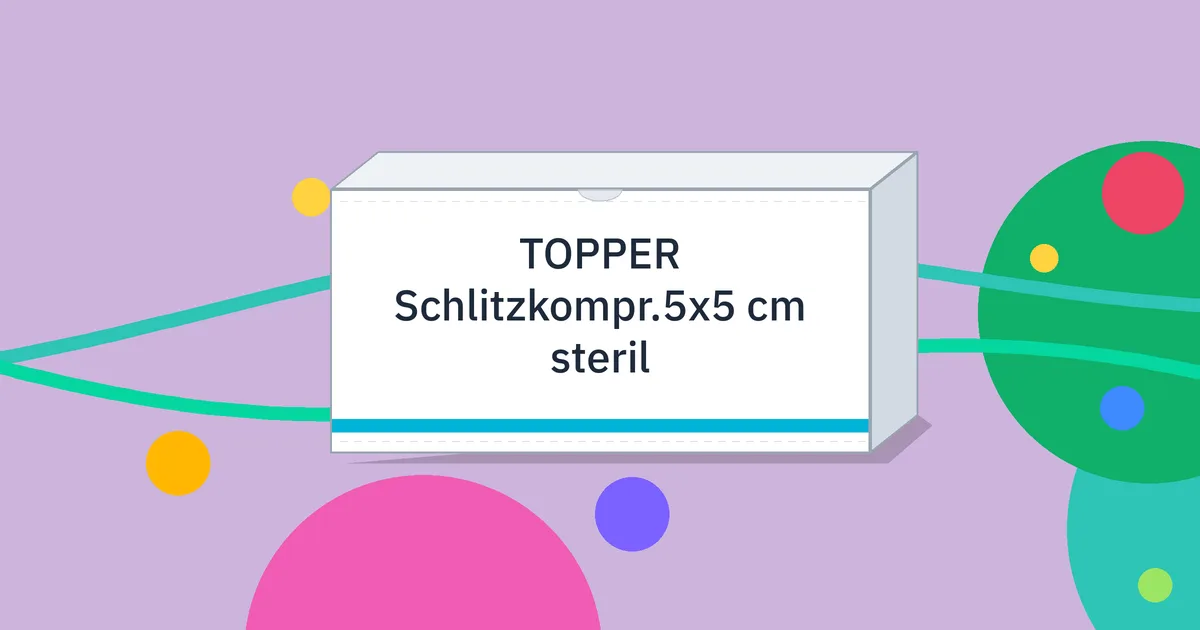 Symbolbild: Packung mit der Aufschrift TOPPER Schlitzkompr.5x5 cm steril (PZN 03307650) – Verfügbarkeit und Bezug in Apotheken in Frankfurt am Main