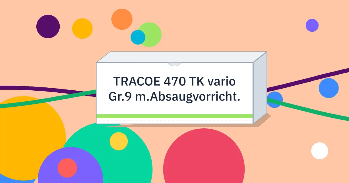 Symbolbild: Packung mit der Aufschrift TRACOE 470 TK vario Gr.9 m.Absaugvorricht. (PZN 04414193) – Verfügbarkeit und Bezug in Apotheken in Frankfurt am Main