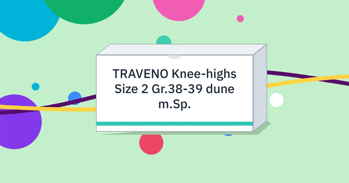 Symbolbild: Packung mit der Aufschrift TRAVENO Knee-highs Size 2 Gr.38-39 dune m.Sp. (PZN 17602944) – Verfügbarkeit und Bezug in Apotheken in Frankfurt am Main
