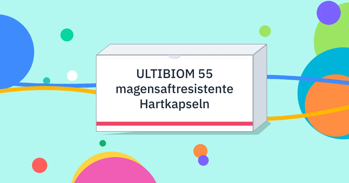 Symbolbild: Packung mit der Aufschrift ULTIBIOM 55 magensaftresistente Hartkapseln (PZN 20796774) – Verfügbarkeit und Bezug in Apotheken in Frankfurt am Main
