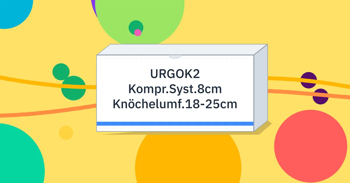Symbolbild: Packung mit der Aufschrift URGOK2 Kompr.Syst.8cm Knöchelumf.18-25cm (PZN 05381805) – Verfügbarkeit und Bezug in Apotheken in Frankfurt am Main
