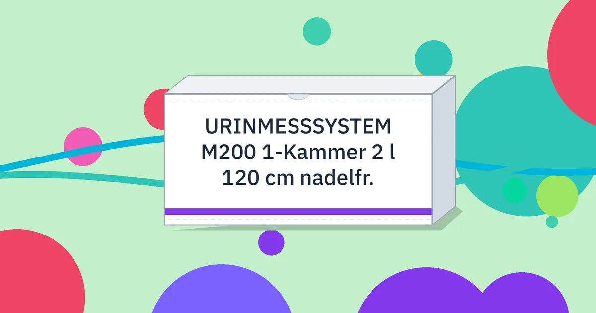 Symbolbild: Packung mit der Aufschrift URINMESSSYSTEM M200 1-Kammer 2 l 120 cm nadelfr. (PZN 06800658) – Verfügbarkeit und Bezug in Apotheken in Frankfurt am Main
