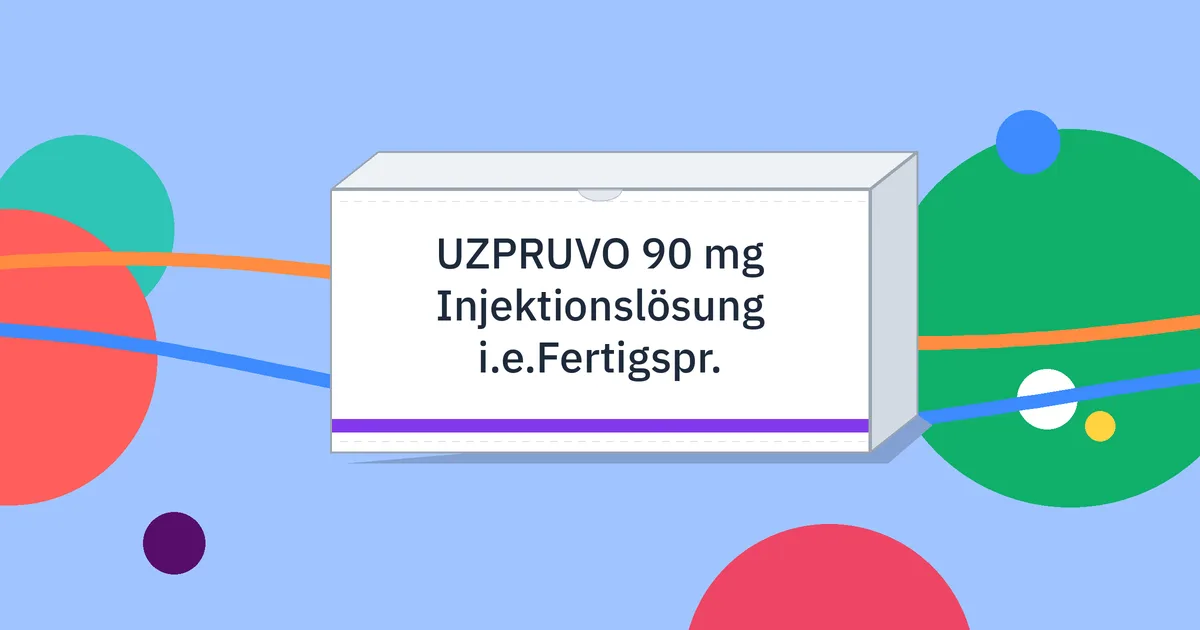 Symbolbild: Packung mit der Aufschrift UZPRUVO 90 mg Injektionslösung i.e.Fertigspr. (PZN 19449518) – Verfügbarkeit und Bezug in Apotheken in Frankfurt am Main