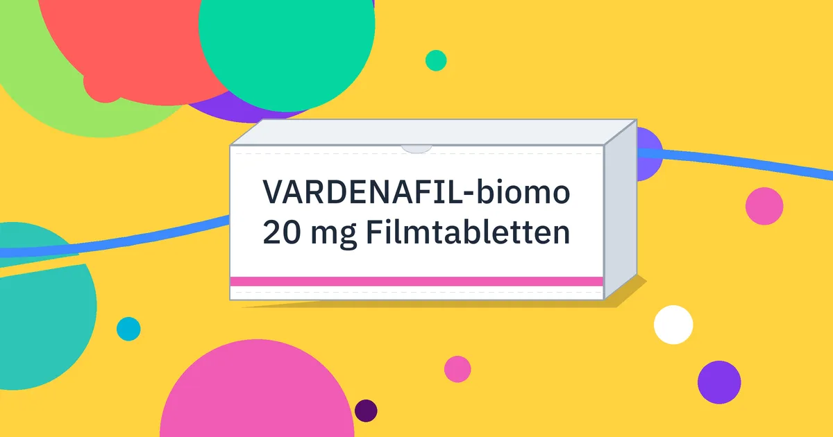 Symbolbild: Packung mit der Aufschrift VARDENAFIL-biomo 20 mg Filmtabletten (PZN 14413295) – Verfügbarkeit und Bezug in Apotheken in Frankfurt am Main