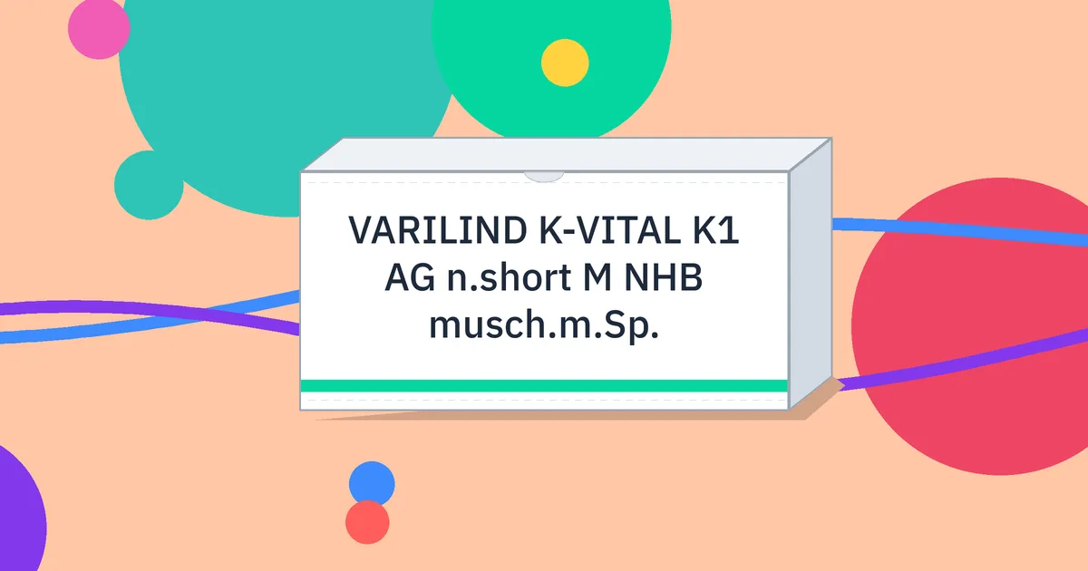 Symbolbild: Packung mit der Aufschrift VARILIND K-VITAL K1 AG n.short M NHB musch.m.Sp. (PZN 20563811) – Verfügbarkeit und Bezug in Apotheken in Frankfurt am Main
