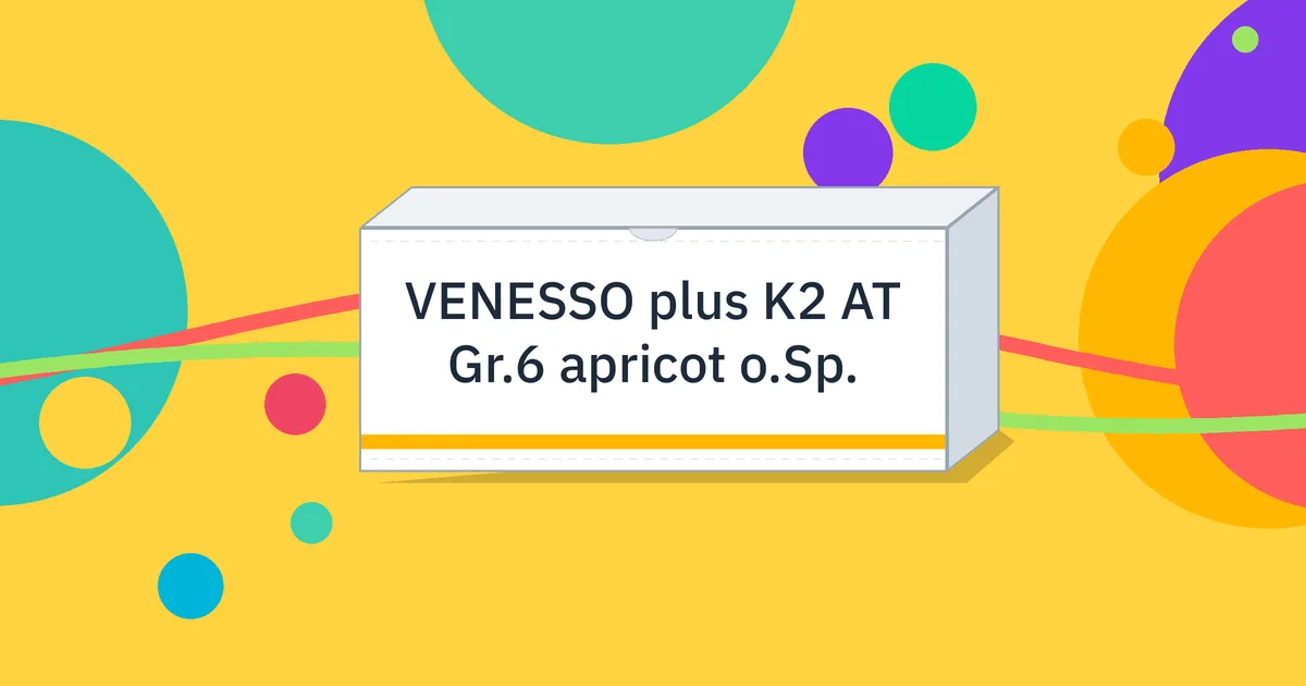 Symbolbild: Packung mit der Aufschrift VENESSO plus K2 AT Gr.6 apricot o.Sp. (PZN 03288326) – Verfügbarkeit und Bezug in Apotheken in Frankfurt am Main