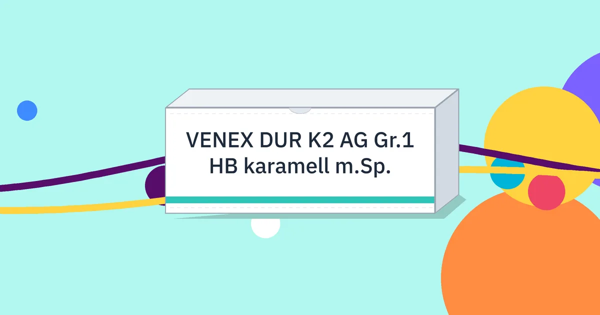 Symbolbild: Packung mit der Aufschrift VENEX DUR K2 AG Gr.1 HB karamell m.Sp. (PZN 13757696) – Verfügbarkeit und Bezug in Apotheken in Frankfurt am Main
