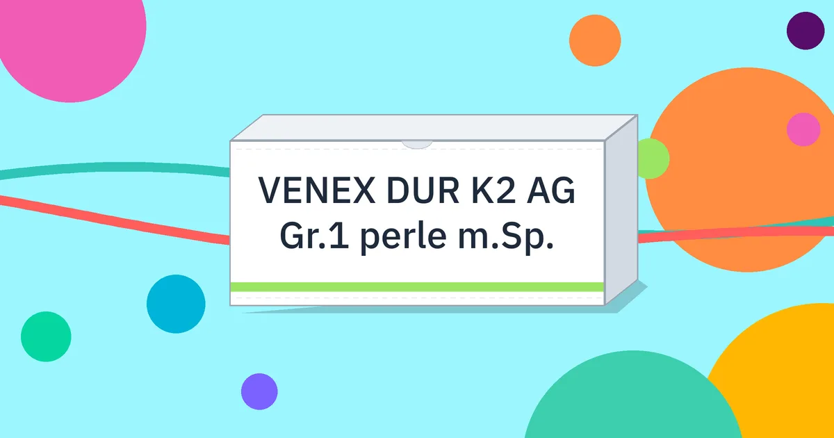 Symbolbild: Packung mit der Aufschrift VENEX DUR K2 AG Gr.1 perle m.Sp. (PZN 03213417) – Verfügbarkeit und Bezug in Apotheken in Frankfurt am Main
