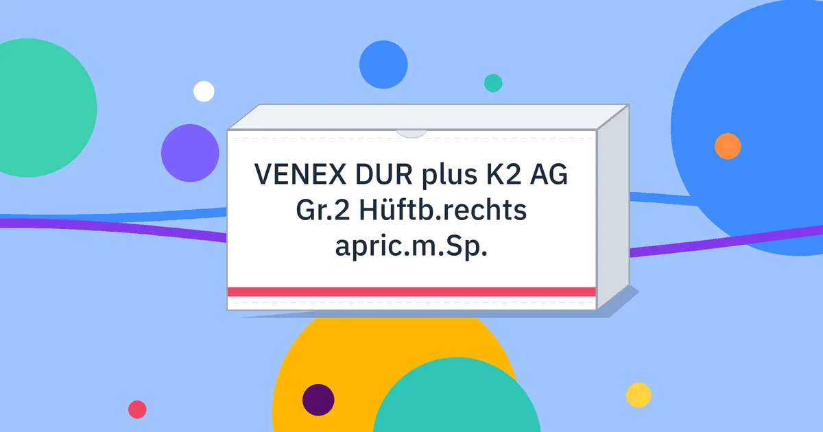 Symbolbild: Packung mit der Aufschrift VENEX DUR plus K2 AG Gr.2 Hüftb.rechts apric.m.Sp. (PZN 03237599) – Verfügbarkeit und Bezug in Apotheken in Frankfurt am Main