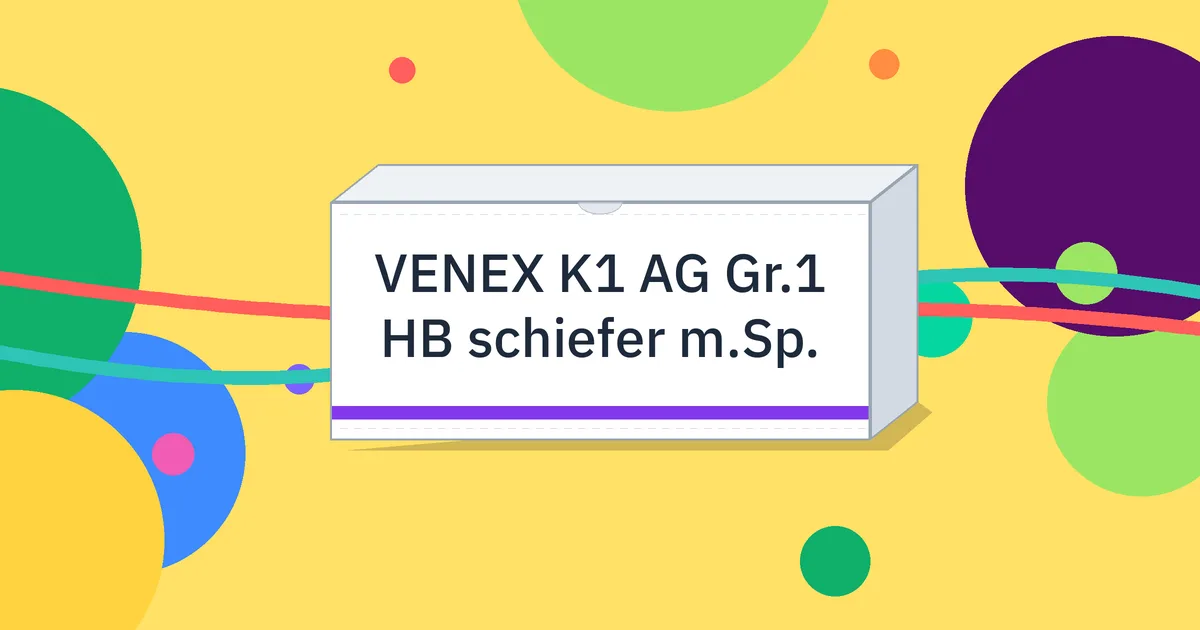 Symbolbild: Packung mit der Aufschrift VENEX K1 AG Gr.1 HB schiefer m.Sp. (PZN 03191733) – Verfügbarkeit und Bezug in Apotheken in Frankfurt am Main